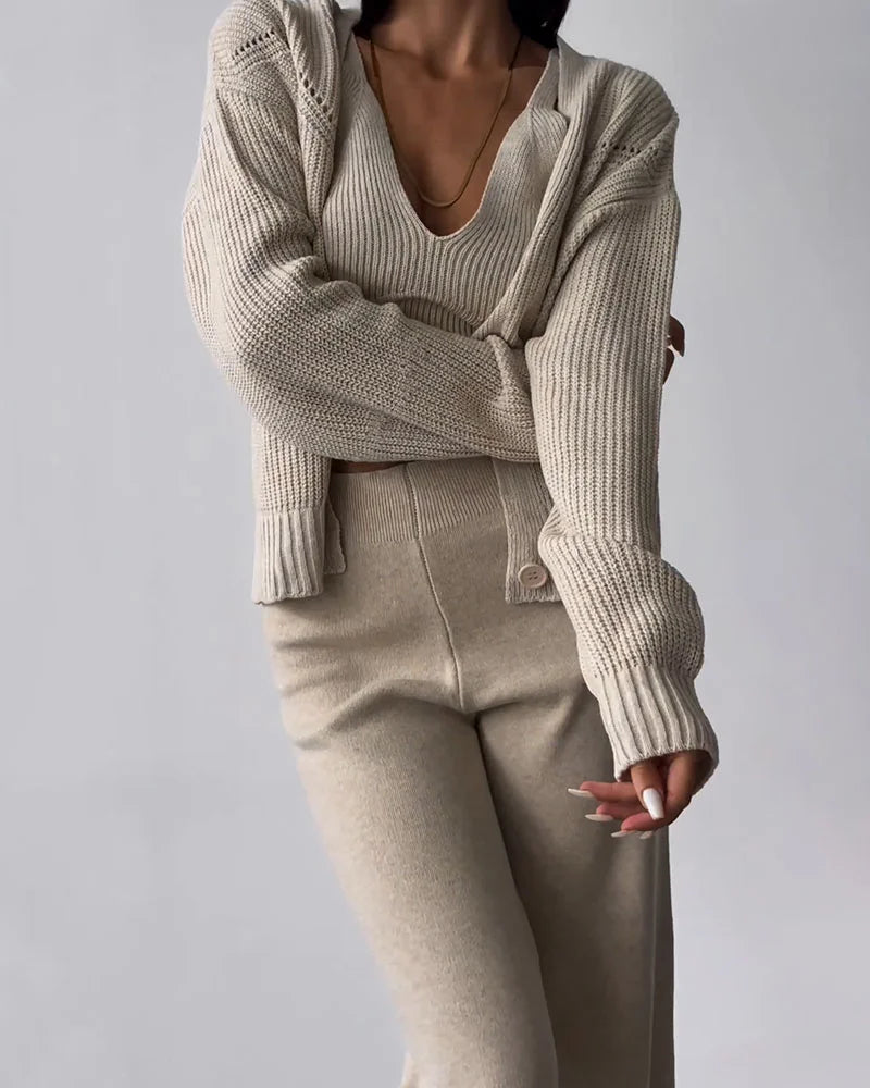 Chic V-neck Knitted Three-piece Set Sleeveless Crop Vest and Sweater C ...