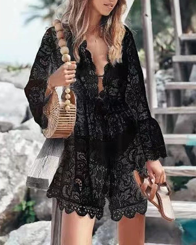 V Neck Lace Dress Hollow Crochet Pool Swim Beach Bikini Cover-ups Mini ...