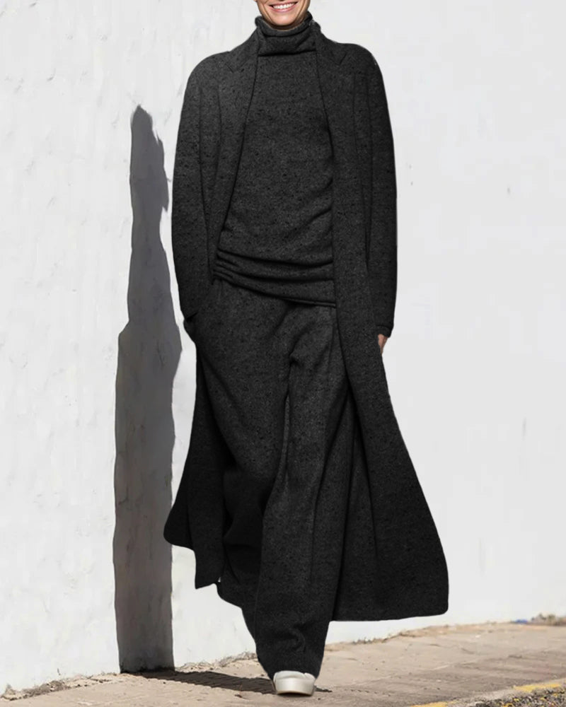 Knitted Three Piece Set Cardigan Turtleneck Sweater and Wide Leg Pants ...