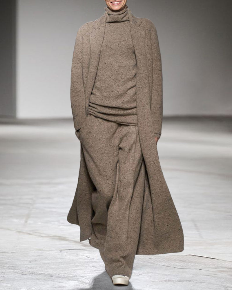 Knitted Three Piece Set Cardigan Turtleneck Sweater and Wide Leg Pants ...