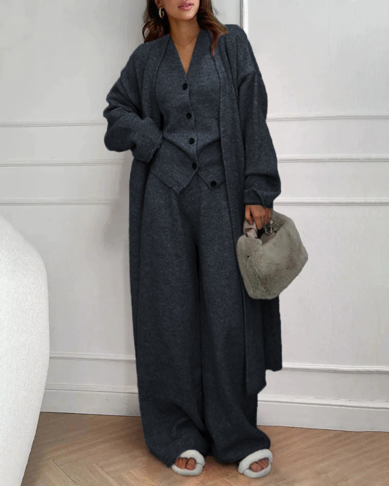 Knitted Three Piece Set Cardigan Sweater Vest and Wide Leg Pants – ZEAGOO