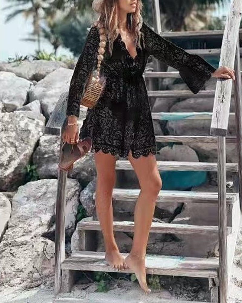 V Neck Lace Dress Hollow Crochet Pool Swim Beach Bikini Cover-ups Mini ...