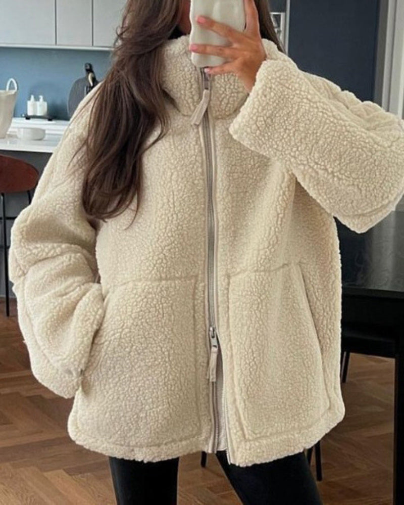 Teddy Fleece Jacket Cozy High Collar Zip-up Coat Fuzzy Winter Outwear ...