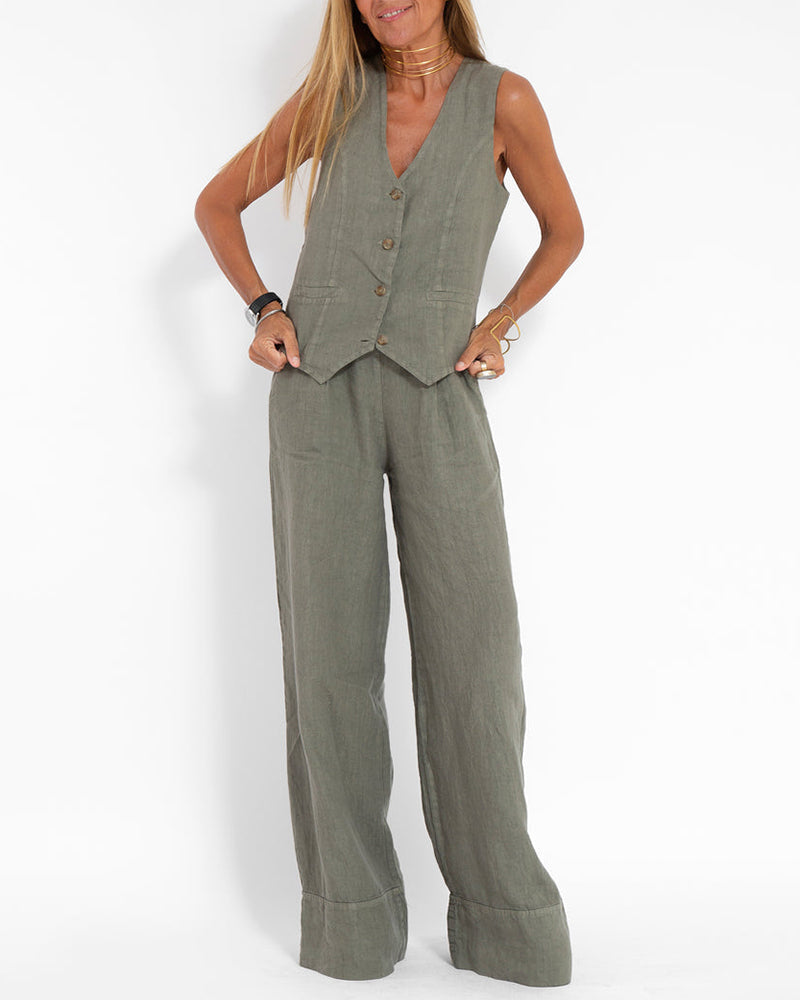 Effortlessly Chic Sleeveless Vest and Wide Leg Pants Set – ZEAGOO