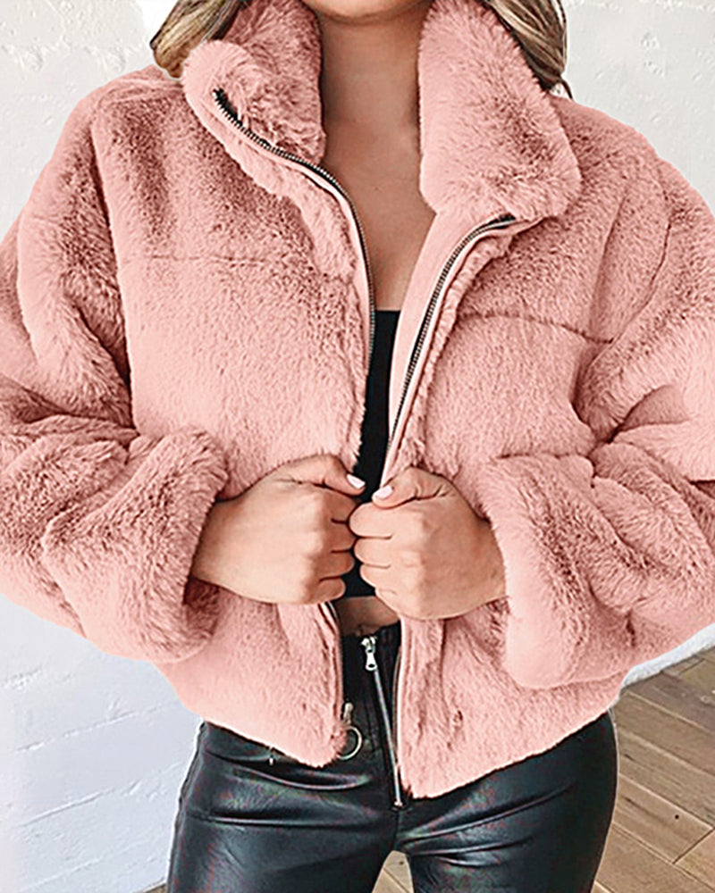 Faux Fur Zip-Up Cardigan Plush Jacket – Zeagoo