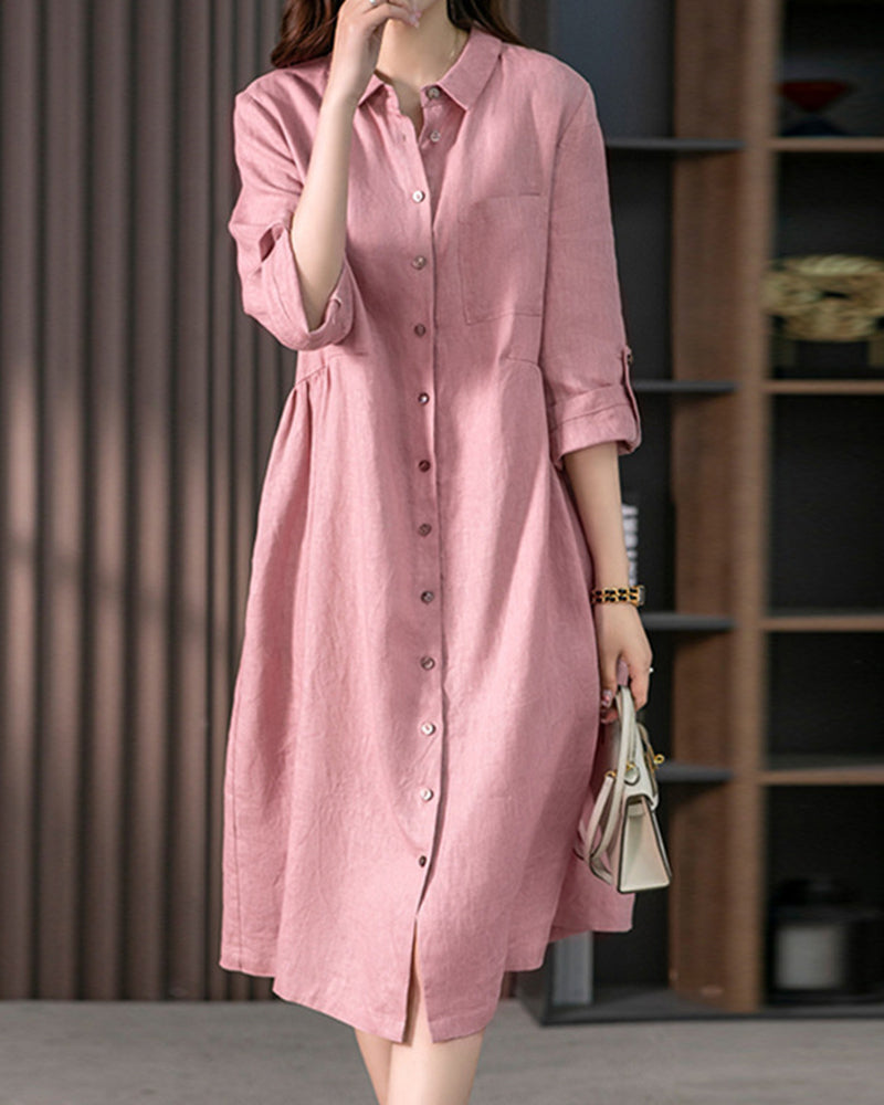 Loose Solid Color Three-quarter Sleeve Dress Mid-length Shirt Dress ...