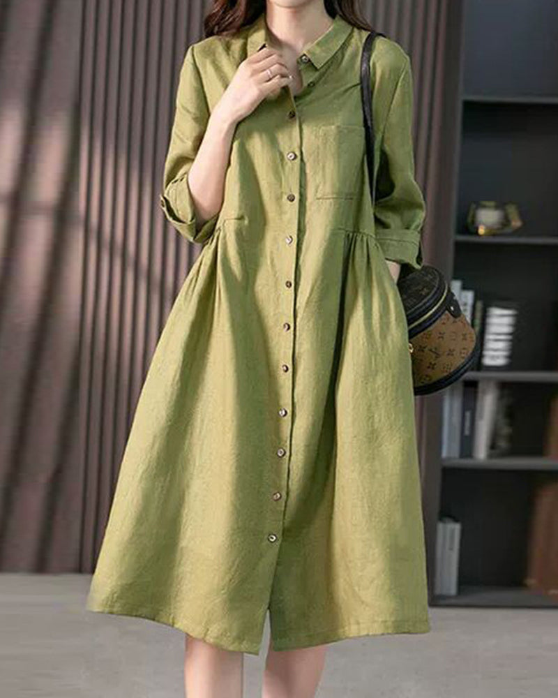 Loose Solid Color Three-quarter Sleeve Dress Mid-length Shirt Dress ...