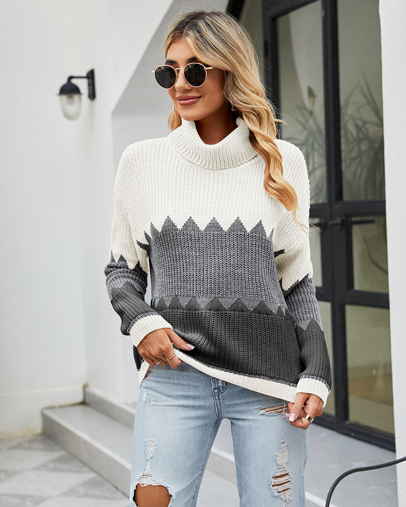 Color Block Rib-Knit Turtleneck Dropped Shoulder Sweater – ZEAGOO