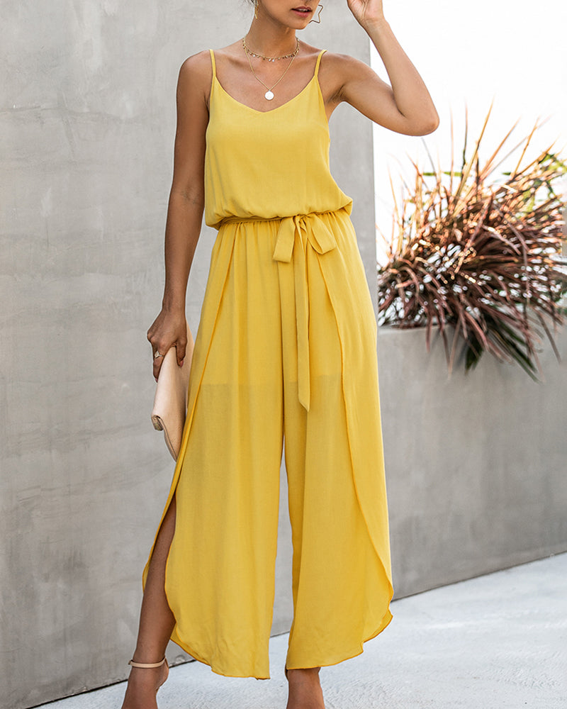 V-neck Suspenders Wide-leg Side Slit Women's Jumpsuit – ZEAGOO