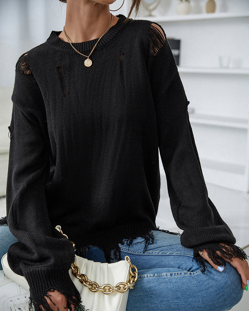Dropped Shoulder Torn Sweater – Zeagoo